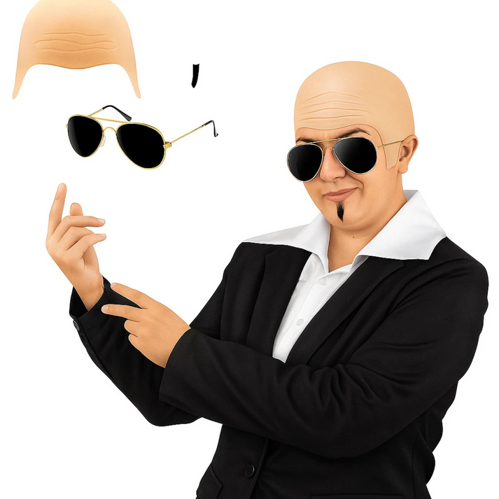 Mr Worldwide Costume Set Bald Cap Soul Patch Glasses Funny Outfit ...