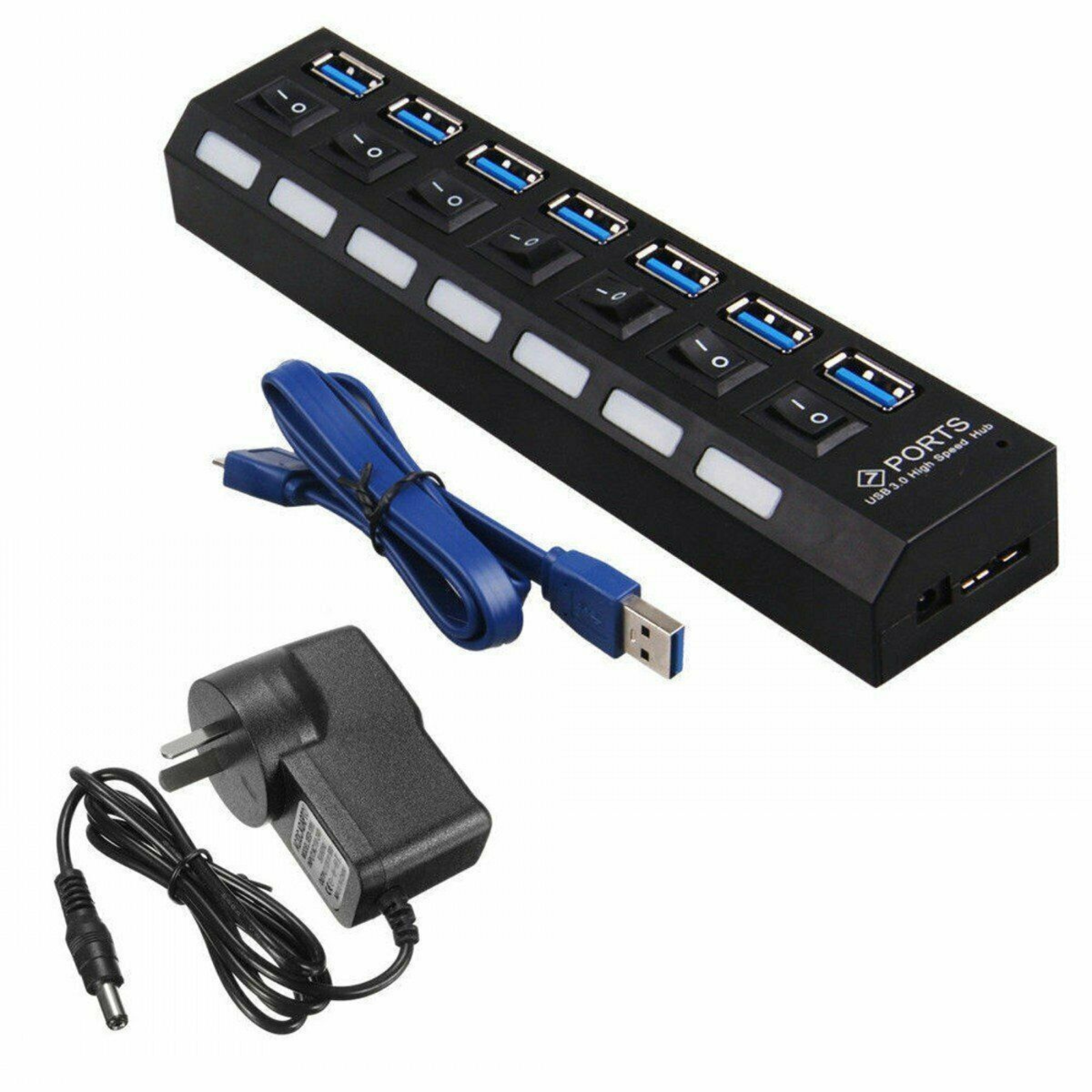 USB 3.0 Hub 7-Port + AC Adapter: High-Speed Splitter Extender – Memory Tech
