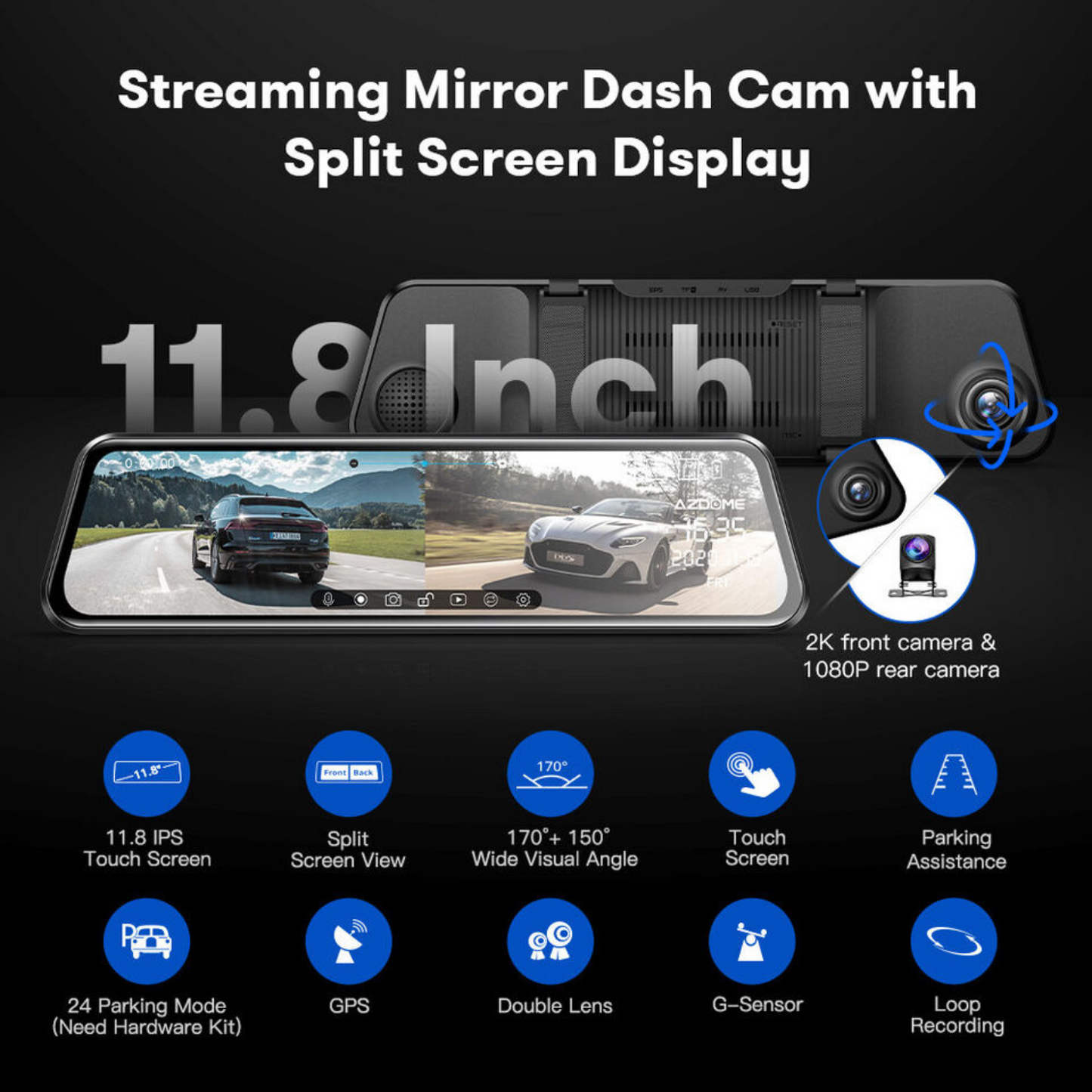 12" WIFI Dash Cam 2K+1080P Car DVR Camera Reversing Mirror Recorder ...
